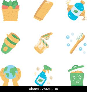 Zero waste swaps handmade flat design long shadow glyph icons set. Eco ...