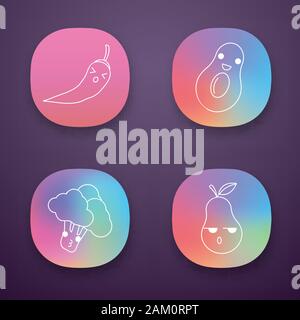 Vegetables and fruits cute kawaii app characters set. Persevere chili ...