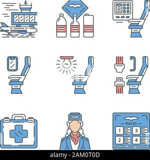 Aviation services color icons set. Aircrew, airplane comfortable ...