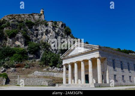 Ancient alike greek temple at Corfu island in Greece. Old Greek Bastion ...