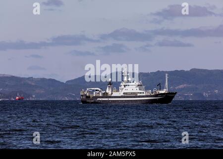 Fishery research and survey vessel Johan Hjort approaching the port of ...