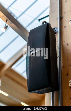 Music sound speakers hanging on the wall in retro vintage style ...