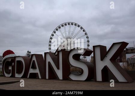 Gdansk sign on Olowianka island and Dlugie Pobrzeze (Motlawa River ...