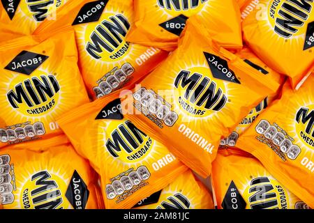 Packet of Jacob's Cheddars, baked Cheddars cheese biscuits, opened to ...