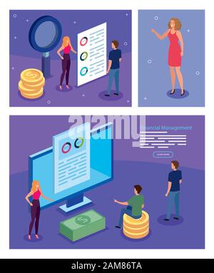 set poster of financial management with people and icons Stock Vector ...