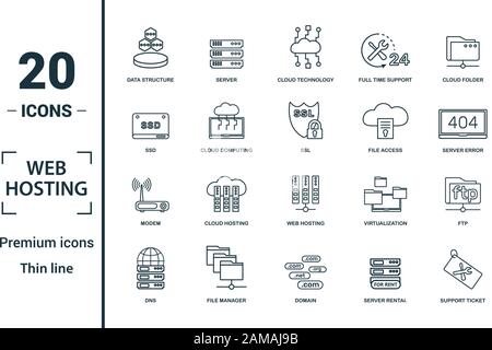 Web Hosting icon set. Include creative elements data structure, cloud technology, ssd, file ...