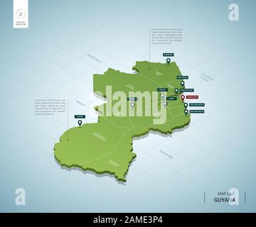 Guyana vector map. Editable template with regions, cities, red pins and ...