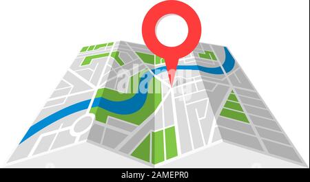 Folded city map with pin. Paper 3D location place icon. Vector gps navigation concept Stock ...