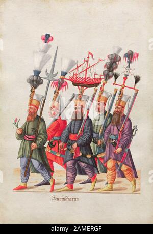 The history of Ottoman Empire. Janissary soldiers. From "Pictures from ...