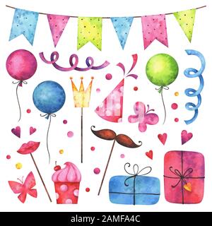 Watercolor Happy birthday party clip art set Stock Photo - Alamy