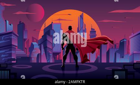 Cartoon superhero watching city. Comic powerful man, hero in super suit ...