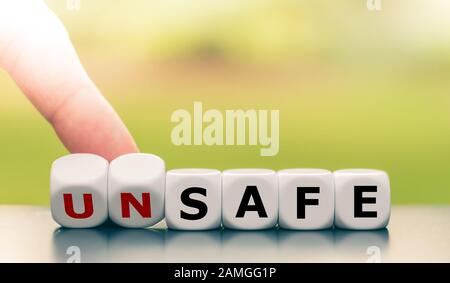 Safe or unsafe symbol. Concept word Safe Unsafe on wooden cubes ...