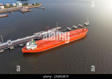 An aerial view of an Oil Tanker unloading at Teesside refinery ...