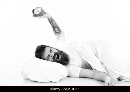 Hipster with beard and mustache awake because of alarm clock Stock ...