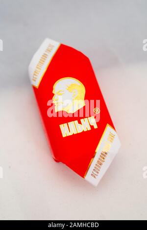 Close-up of a Russian chocolate featuring patriotic symbolism and ...