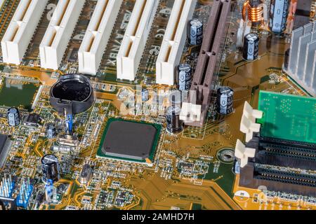 Electronic circuit and chips details at computer mainboard Stock Photo ...