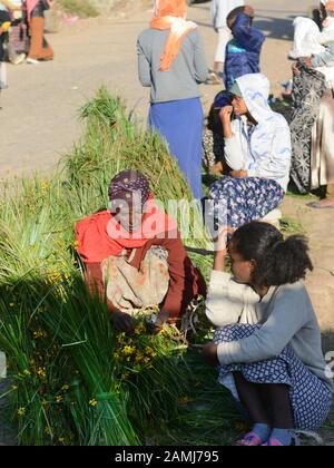 Ethiopian traditional Coffee ceremony women in traditional dress preparing bunna coffee in Addis ...