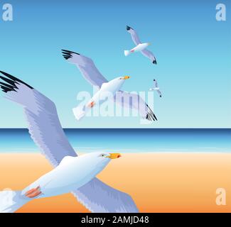 A vector of seagulls flying over a beach on a sunny day Stock Vector ...