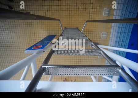 Diving tower with 10 meter board in the Olympic swimming hall in the ...