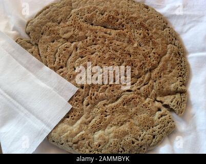 Injera flat bread made of teff flour, Ethiopian national dish, Ethiopia ...