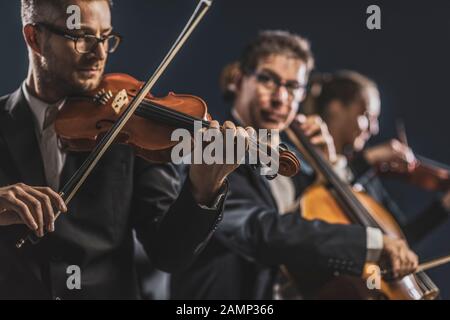 Professional symphonic string orchestra performing on stage and playing ...