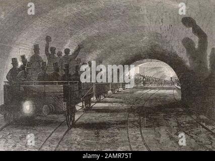 ON THE UNDERGROUND RAILWAY, 1863. London, UK, 19th century engraving ...
