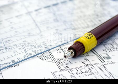 Technical drawing pens on a floor plan, blueprint Stock Photo - Alamy
