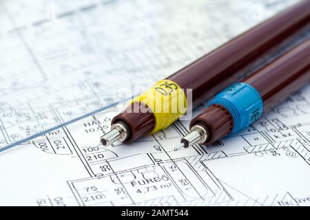 Technical drawing pens on a floor plan, blueprint Stock Photo - Alamy