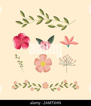 bundle of flowers and leafs spring season icons Stock Vector Image ...