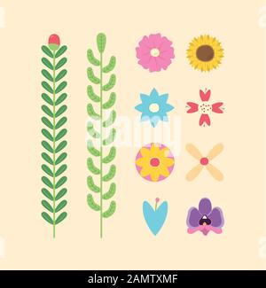 bundle of flowers and leafs spring season icons Stock Vector Image ...