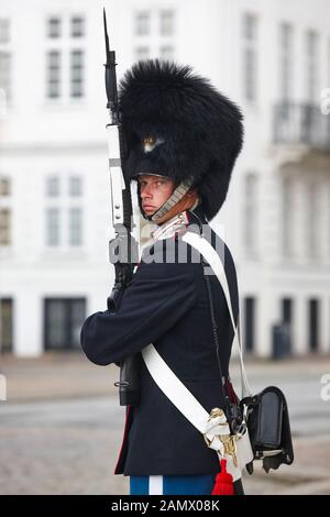 Denmark royal guard sentinel. Copenhaguen tourism landmark ceremonial ...