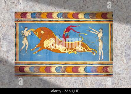 The 'Bull leaper' Minoan fresco, reconstructed at Knossos ...