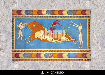 The 'Bull leaper' Minoan fresco, reconstructed at Knossos ...