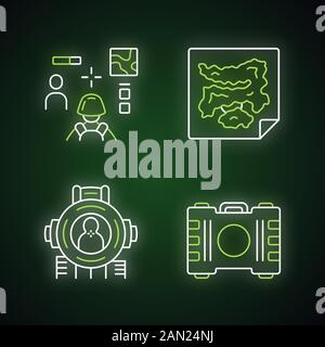 Online game inventory neon light icons set. Shooter from first person ...