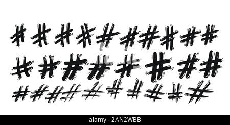 Hashtag signs. Number sign, hash sign. Collection of 16 black symbols ...