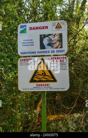 Flood warning signs for hydroelectric overflow channel, Auzat, Ariege ...