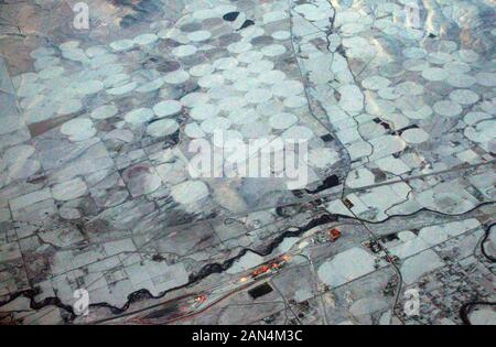 Aerial views of circular pivot irrigated fields in Washington state ...