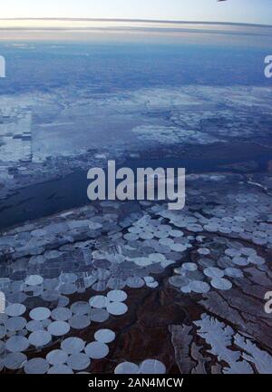 Aerial views of circular pivot irrigated fields in Washington state ...