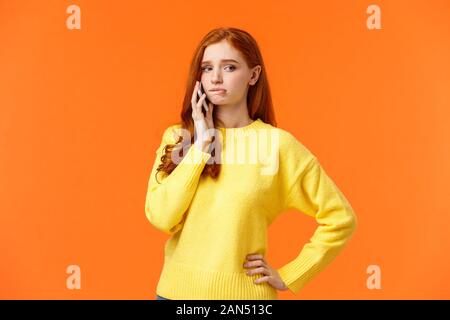 Girl catching anxiety calling someone. Perplexed or nervous cute ...