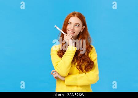 Creative and inspired cute excited redhead woman, journalist or writer ...