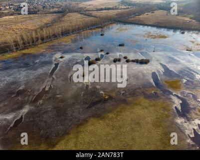 Panoramic aerial view of a frozen lake with animal tracks and cracked ...