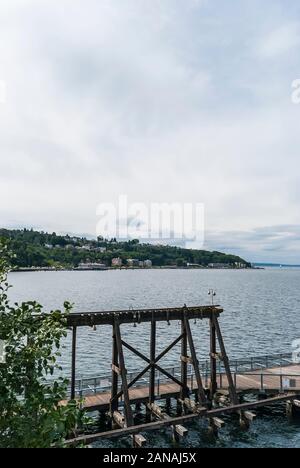 View of a rickety dock and the Seattle Skyline from West Seattle ...