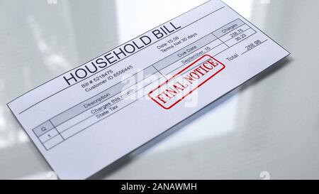 Final notice seal stamped on electricity bill, payment for services ...