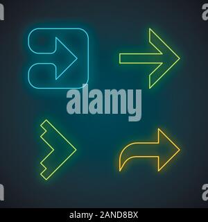 Arrow types neon light icons set. Forward, right, curved and geometric arrows. Arrowhead ...