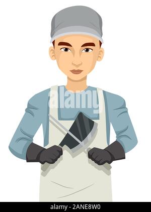 Illustration of a Man Wearing Gloves, Apron and Face Shield Getting ...