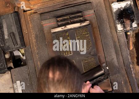 Old ancient print machine hand press detail Stock Photo - Alamy