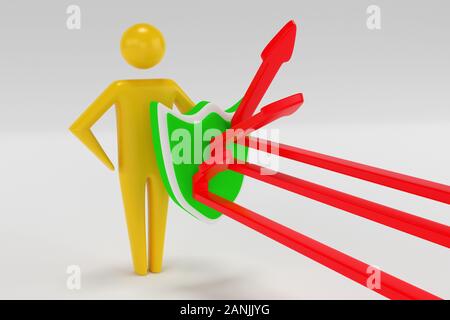 Businessman holds green shield covering from red arrow. Insurance ...