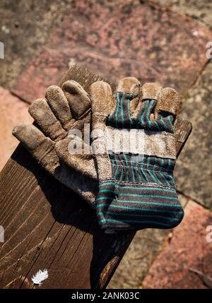 Pair of gardening gloves on wooden planks with green plants. vertical ...