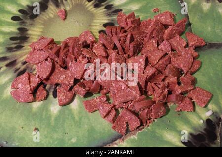 Turkish raw sausage sucuk cut to small pieces as ingredient for soup ...