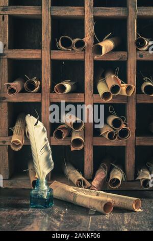 Extraordinary scribe library full of ancient scrolls in wooden box as ...